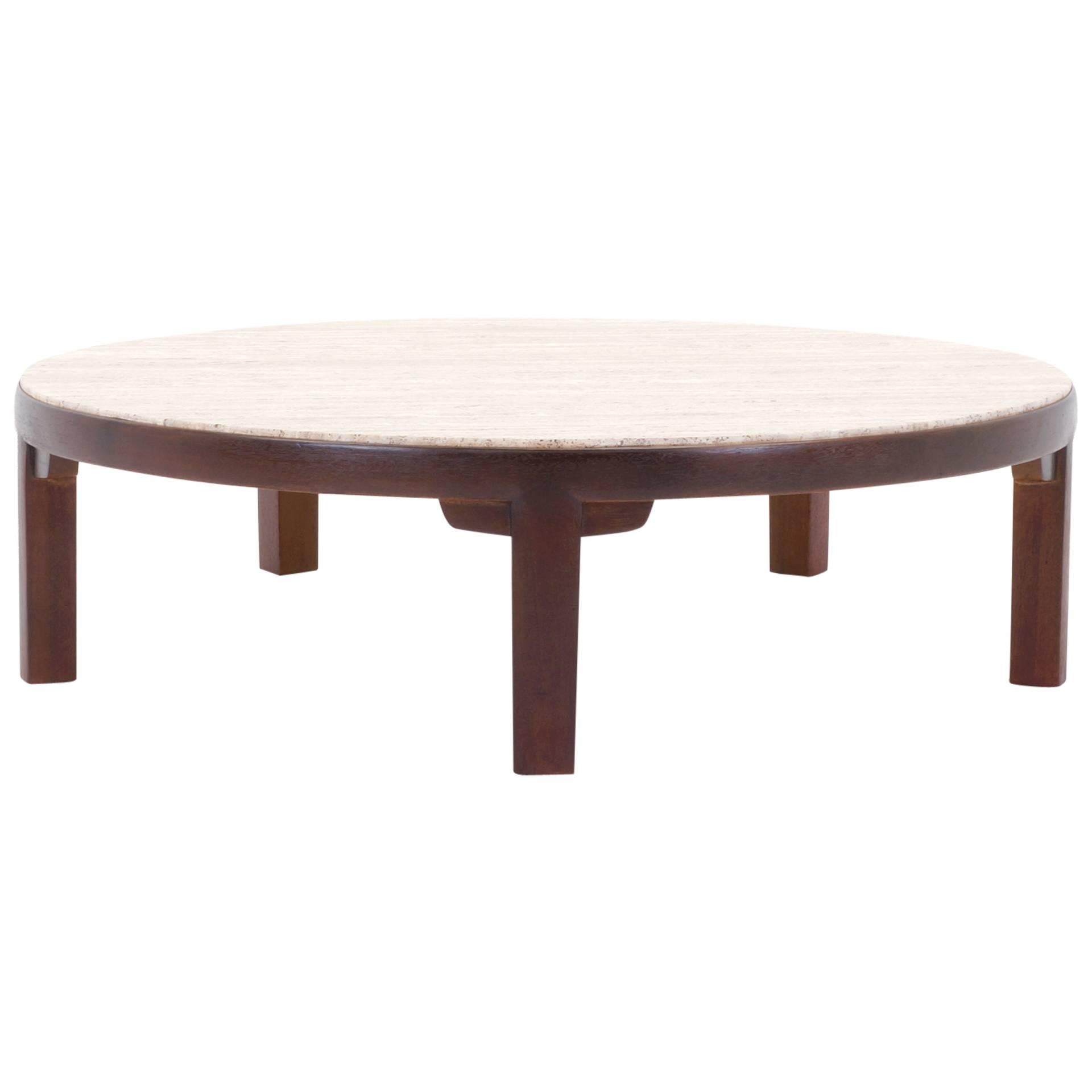 Edward Wormley for Dunbar Round Coffee Table with Travertine Top at 1stDibs