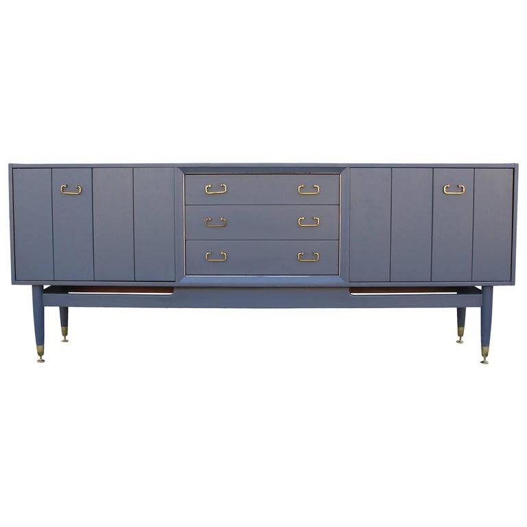 French Blue Grey Sideboard with Shiny Brass Hardware at 1stDibs