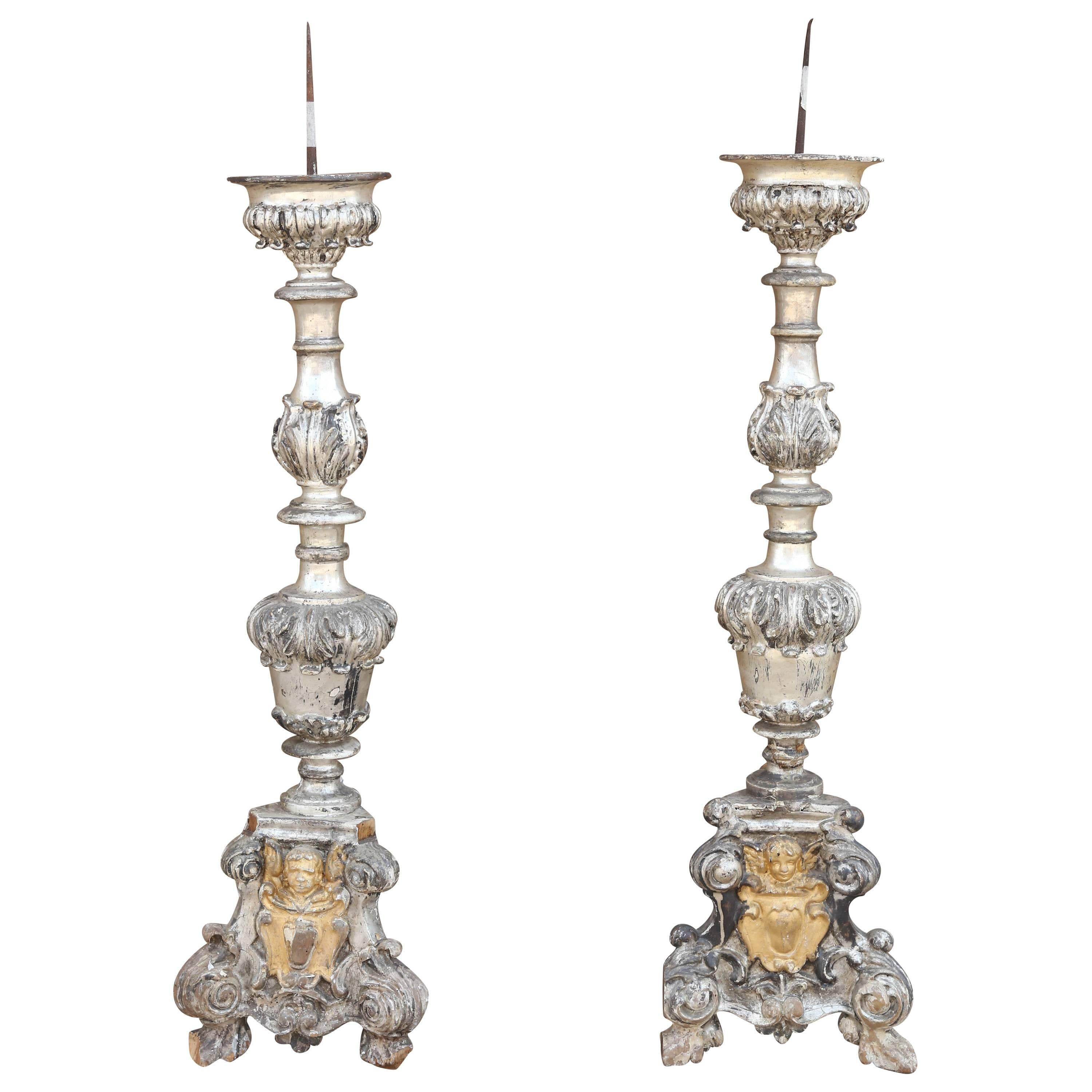 18thc. Italian silver/gold leaf candlesticks from Altar at 1stDibs