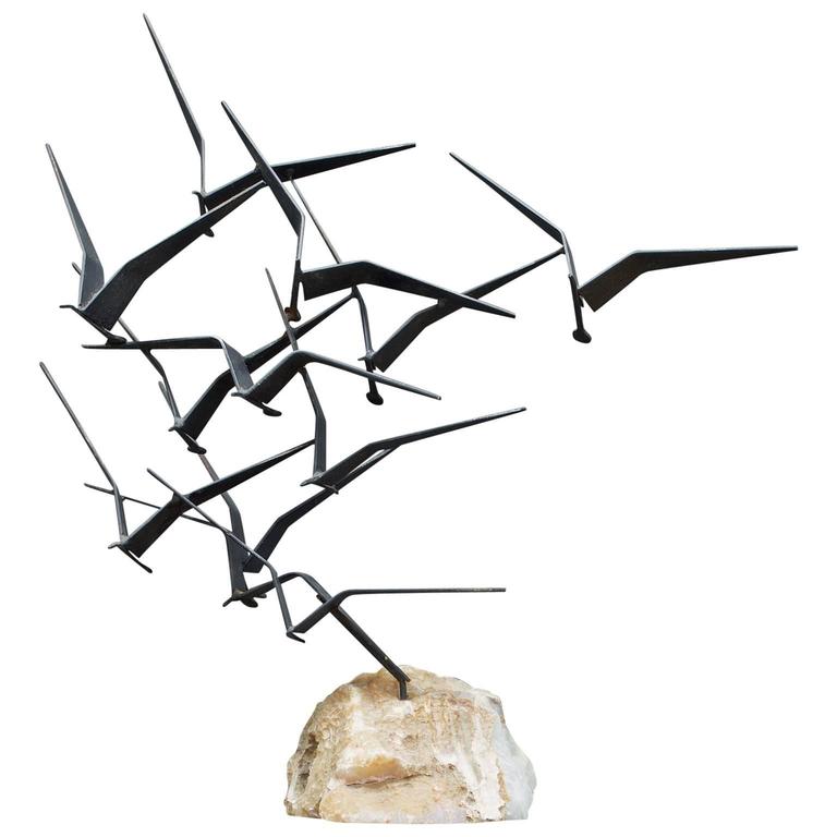 Birds in Flight Kinetic Sculpture on White Onyx Stone by Curtis Jere at ...
