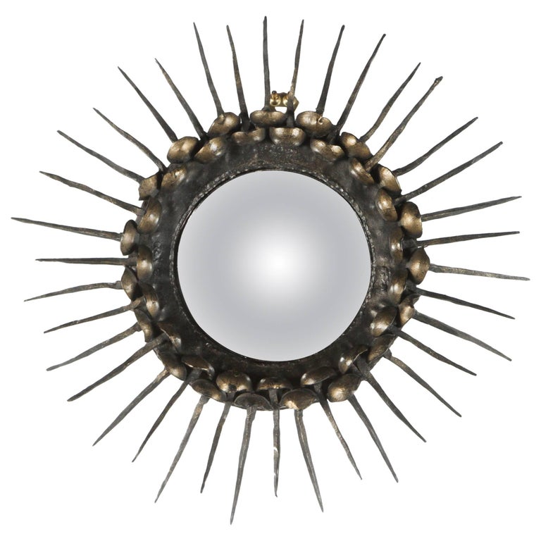 Convex Sunburst Mirror with a Frame of Spikes with Brass Nailheads For ...