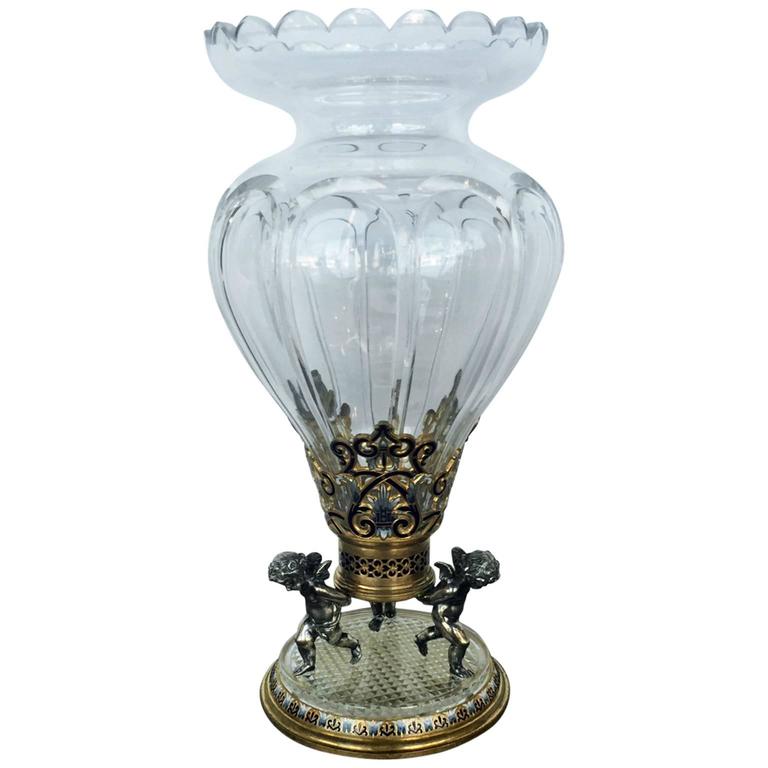 19th Century French Champlevé Enamel and Baccarat Glass Vase at 1stDibs