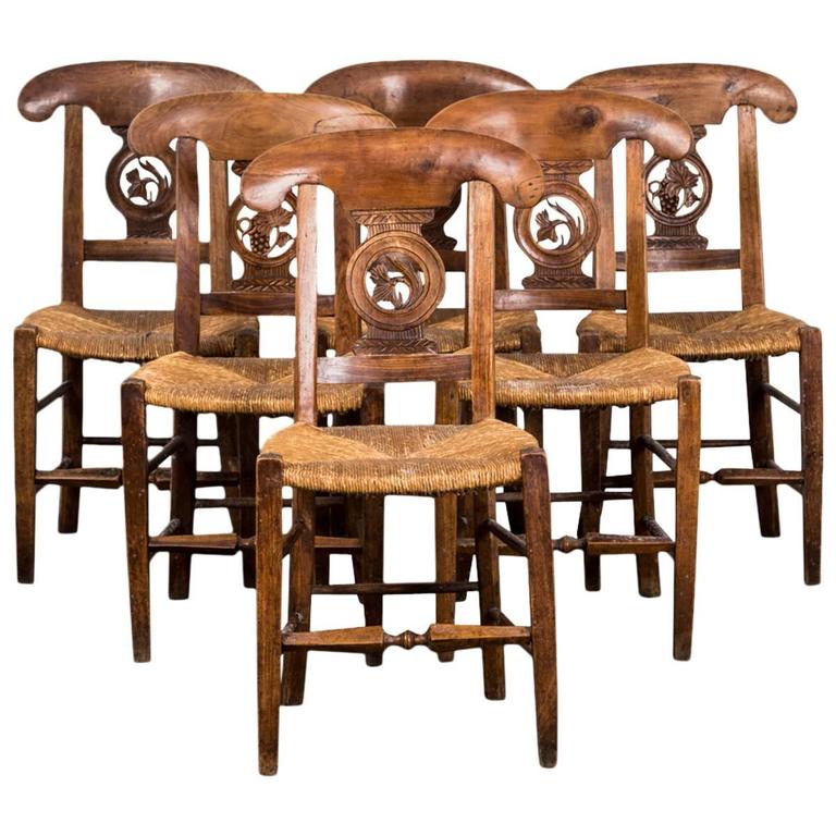 Dining Chairs French Set of Six Rustic 19th Century Wood Rope Seat ...