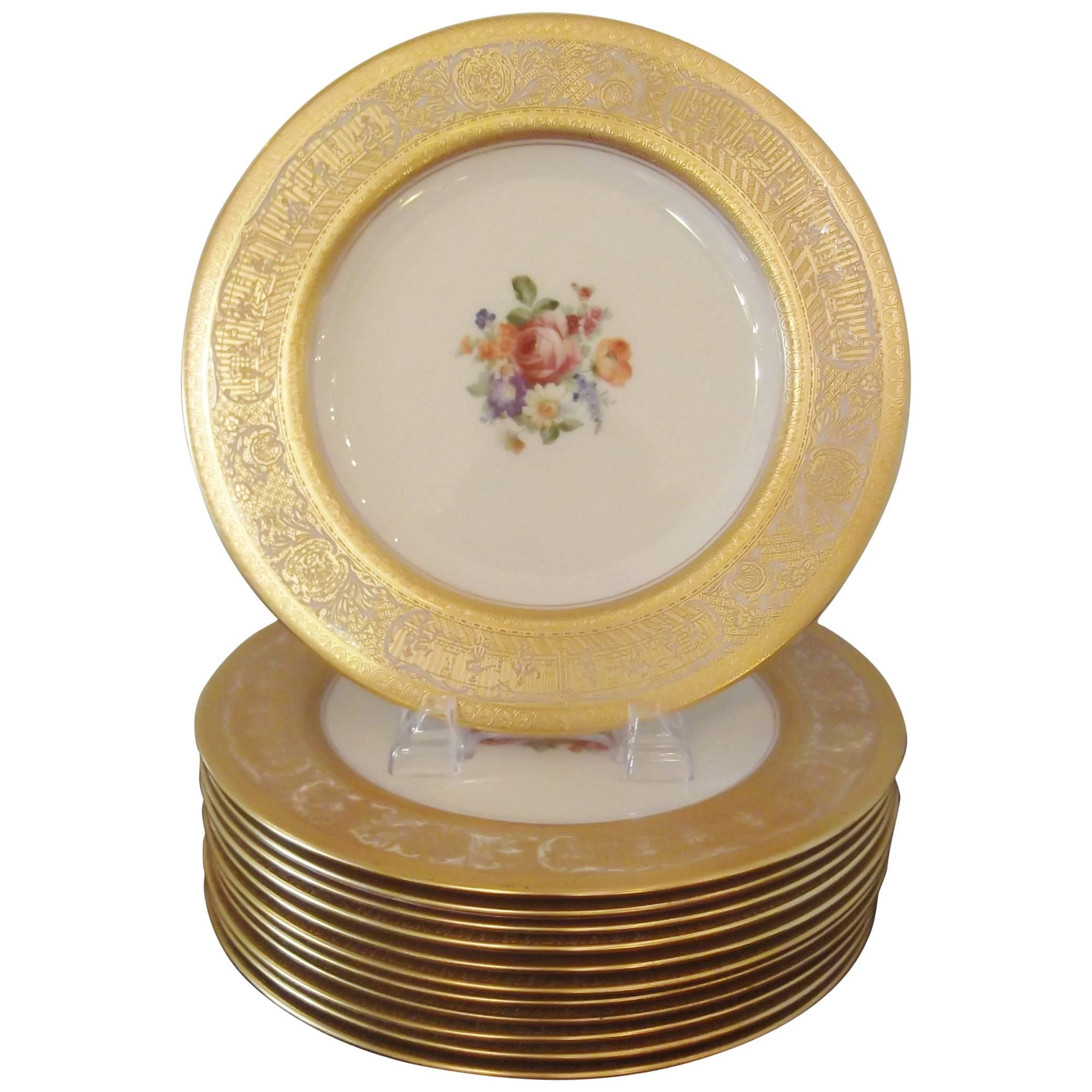 Elegant Gold Encrusted Floral Service Cabinet Plates For Sale at 1stDibs