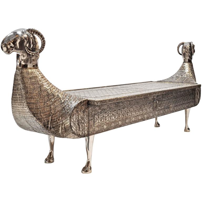 Beautiful, Hand Tooled Silver "Rams" Bench with Storage at 1stDibs