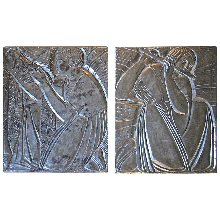 Pair Deco Style Silver Gilt Plaster Relief Wall Panels at 1stDibs ...