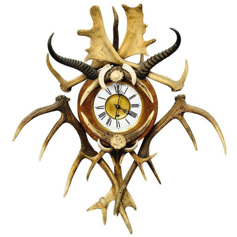 Antique Black Forest Antler Wall Clock at 1stDibs