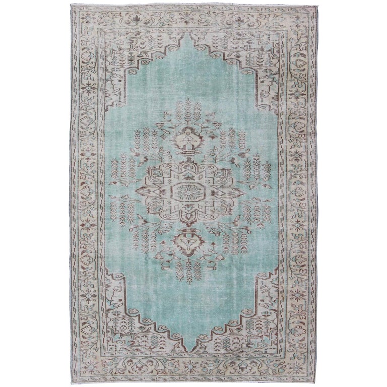 Vintage Oushak Rug with Aqua Color Background and Brown Highlights For ...