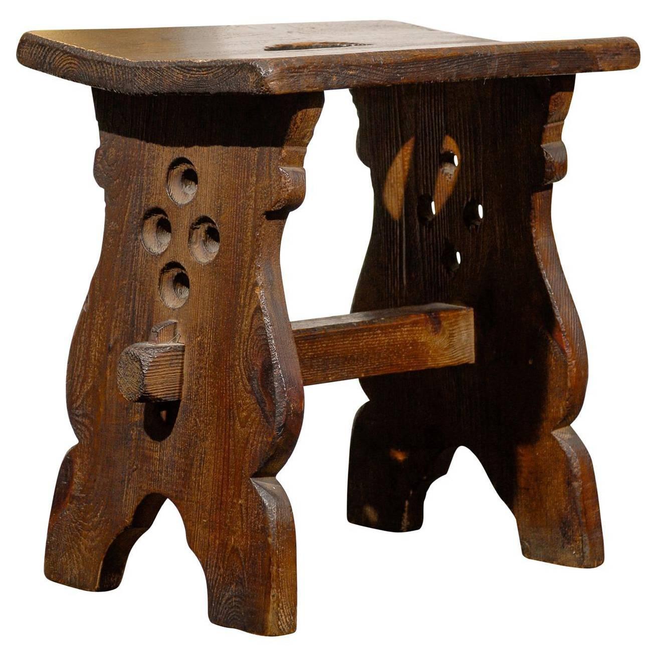 Spanish Oak Stool with Slopping Top and Handle from the Early 20th ...