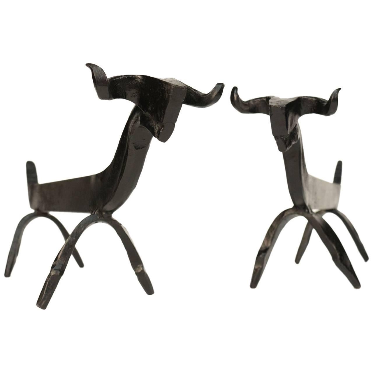 Pair of 1940s Wrought 'Aries' Iron Andirons by Edouard Schenck at 1stDibs