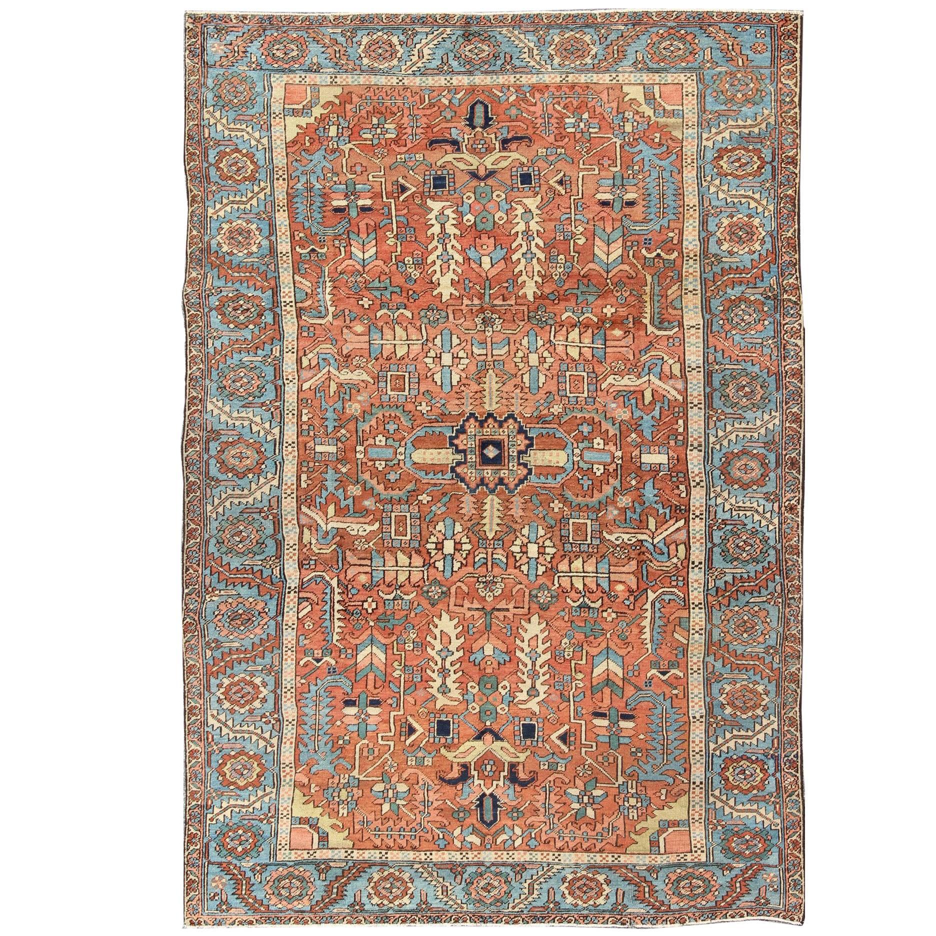 Antique Persian Heriz Serapi Rug with All Over Sub Geometric in Coral ...