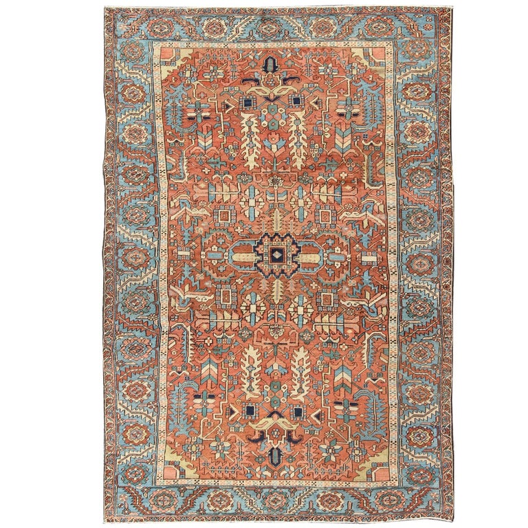 Antique Persian Heriz Serapi Rug with All Over Sub Geometric in Coral ...