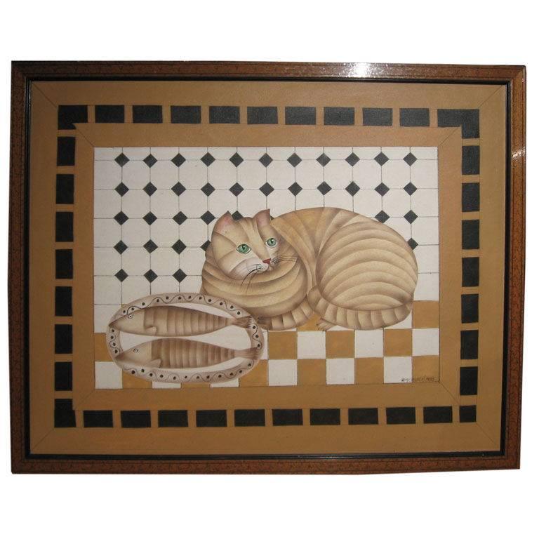 Painting of a Cat Signed Shattil For Sale at 1stDibs