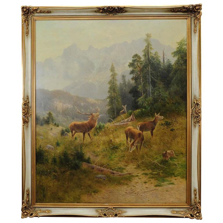 Oil Painting "Stag with Does" by Ludwig Skell at 1stDibs
