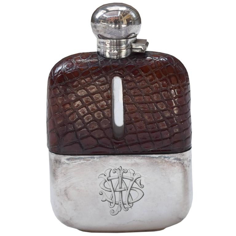 Alligator and Silver Plate Flask at 1stDibs