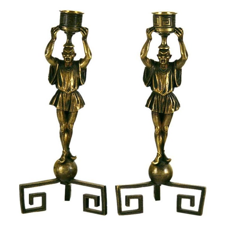 Whimsical Pair of Patinated Bronze Figural Candlesticks For Sale at 1stDibs
