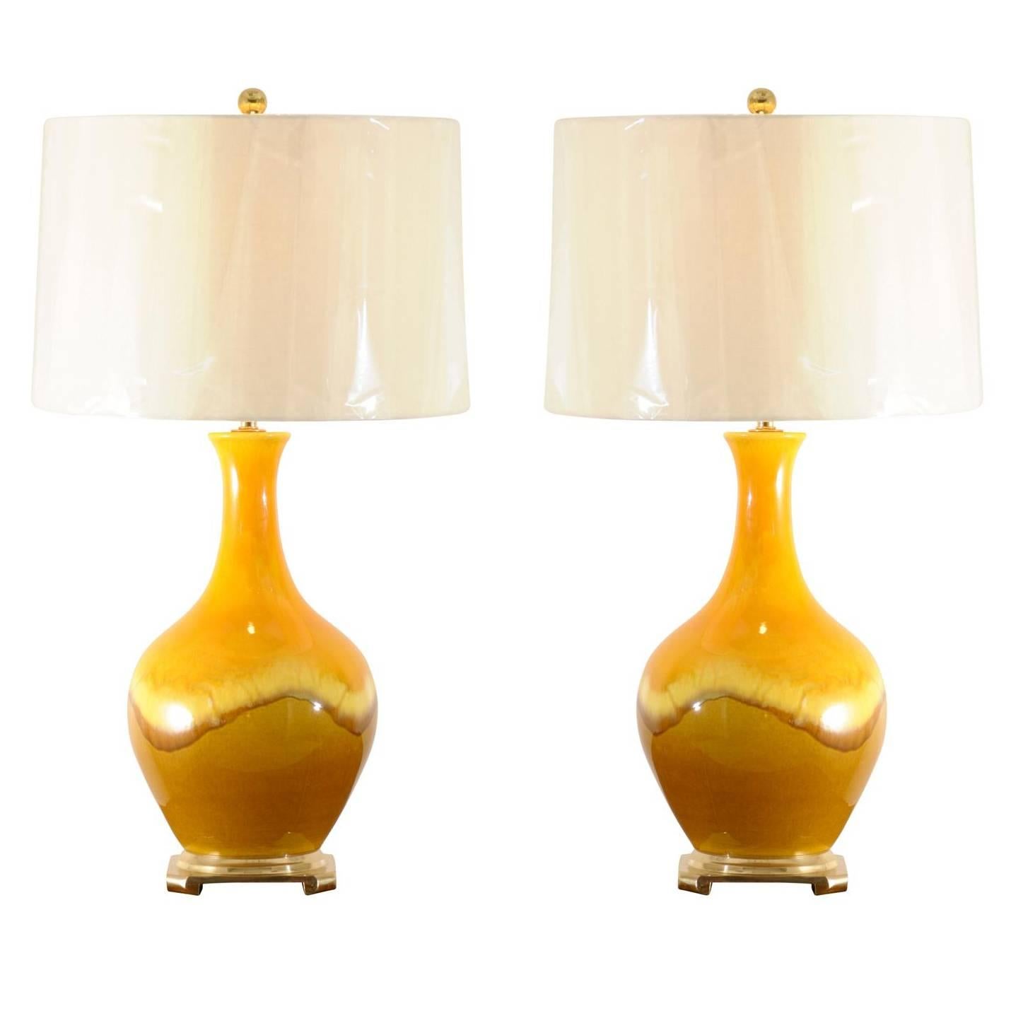 An Exceptional Pair of Yellow Ochre and Caramel Ceramic Lamps at 1stDibs