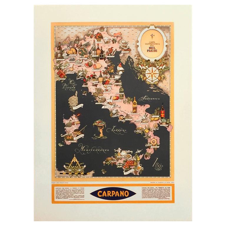 Mid-Century Modern Italian Illustrated Food and Liquor Map, 1949, Small ...