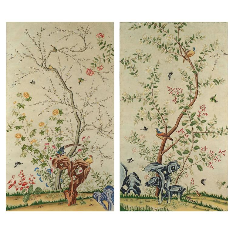 Pair of Chinoiserie hand-painted paper panels - water-colour on paper ...