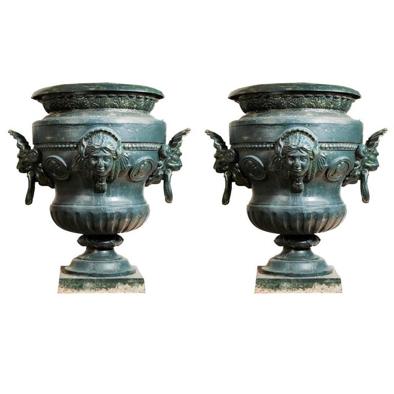 Large Pair of Cast Iron Garden Urns at 1stDibs