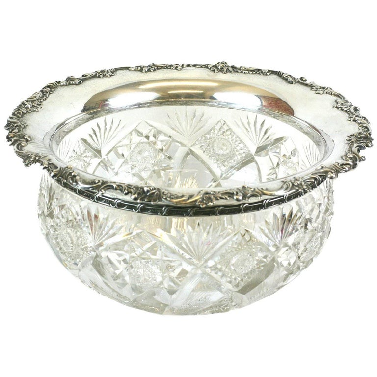 Large Victorian Crystal Punch Bowl with Sterling Lip For Sale at ...