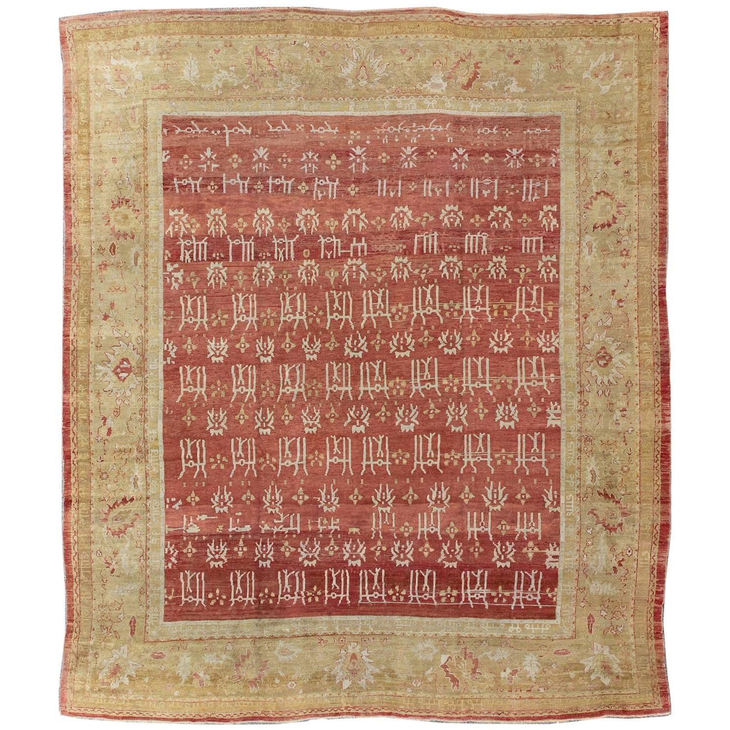 Square Sized Antique Spanish Carpet in Green, Orange and Gray/Blue at ...