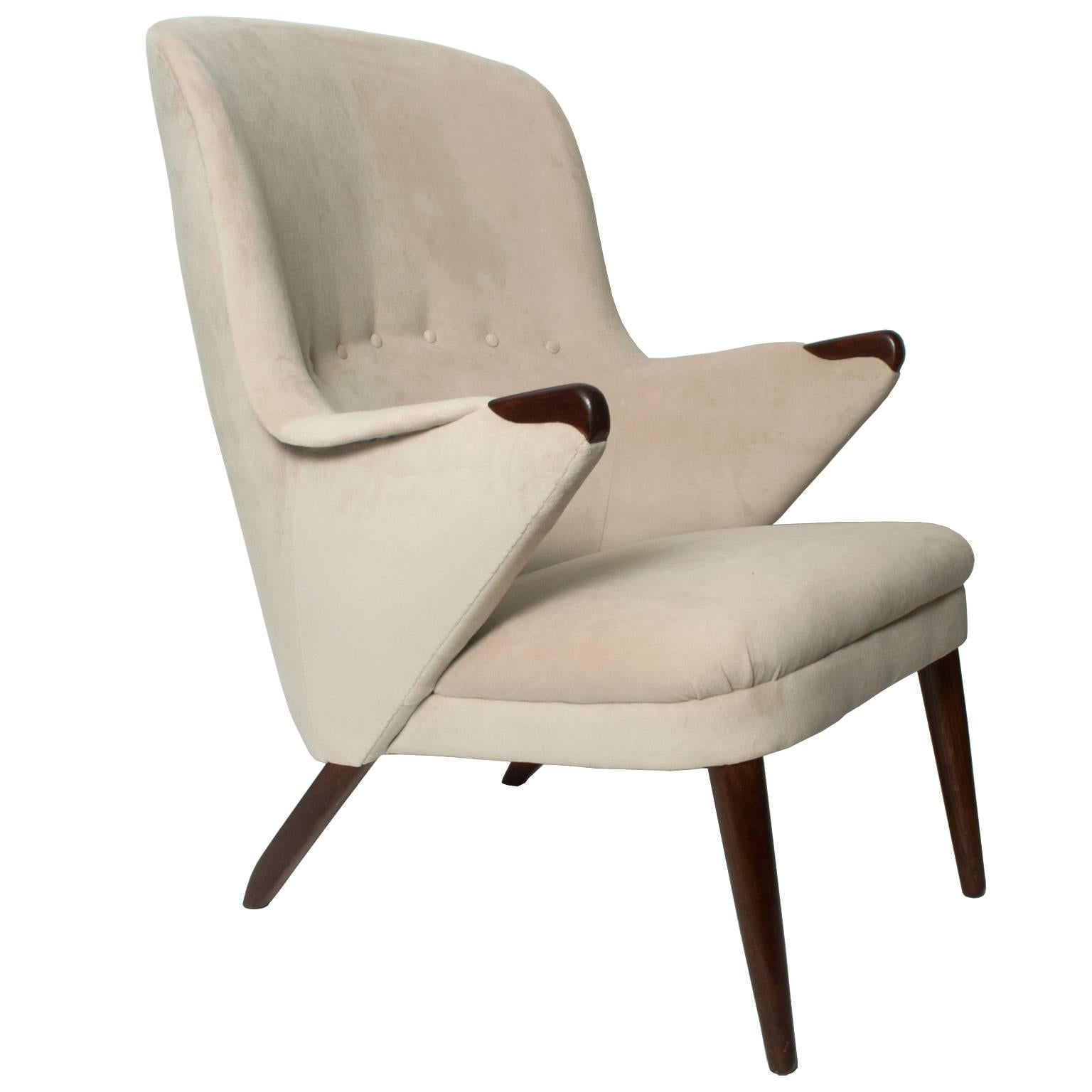 Scandinavian Modern Curved High Back Upholstered Lounge Chair with Teak ...