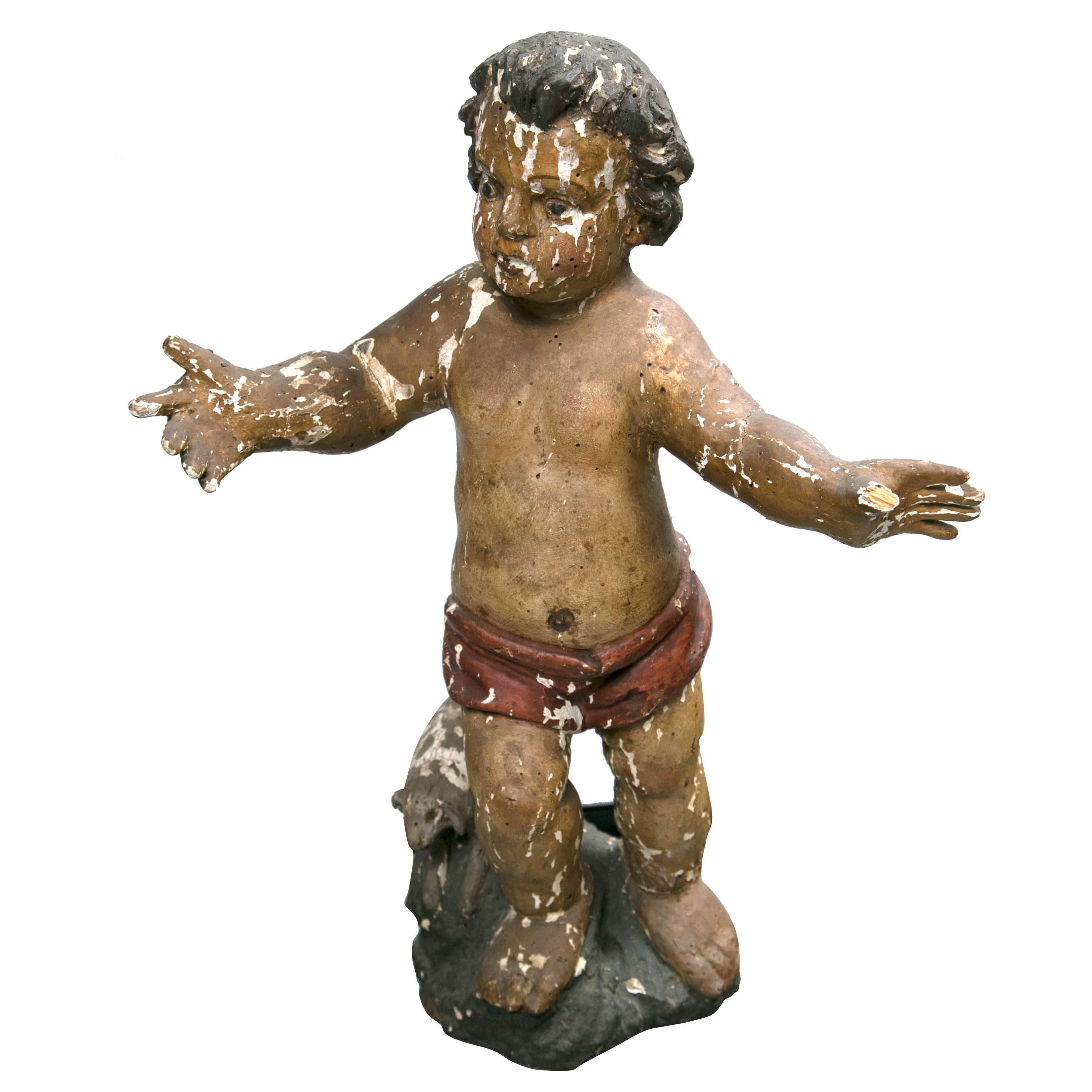 Carved and Polychromed Putti with Lamb For Sale at 1stDibs