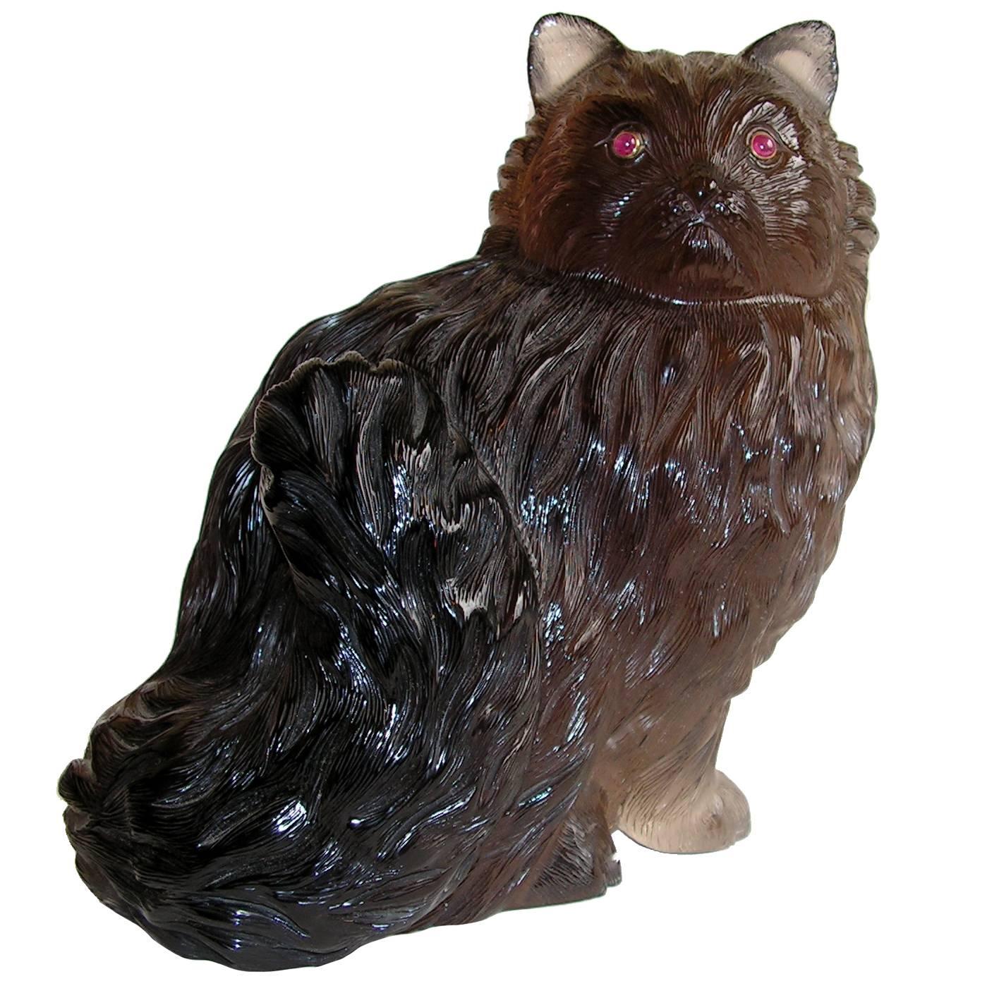 Finely Carved Smoke Quartz Statue with Gold-Mounted Ruby Eyes For Sale ...