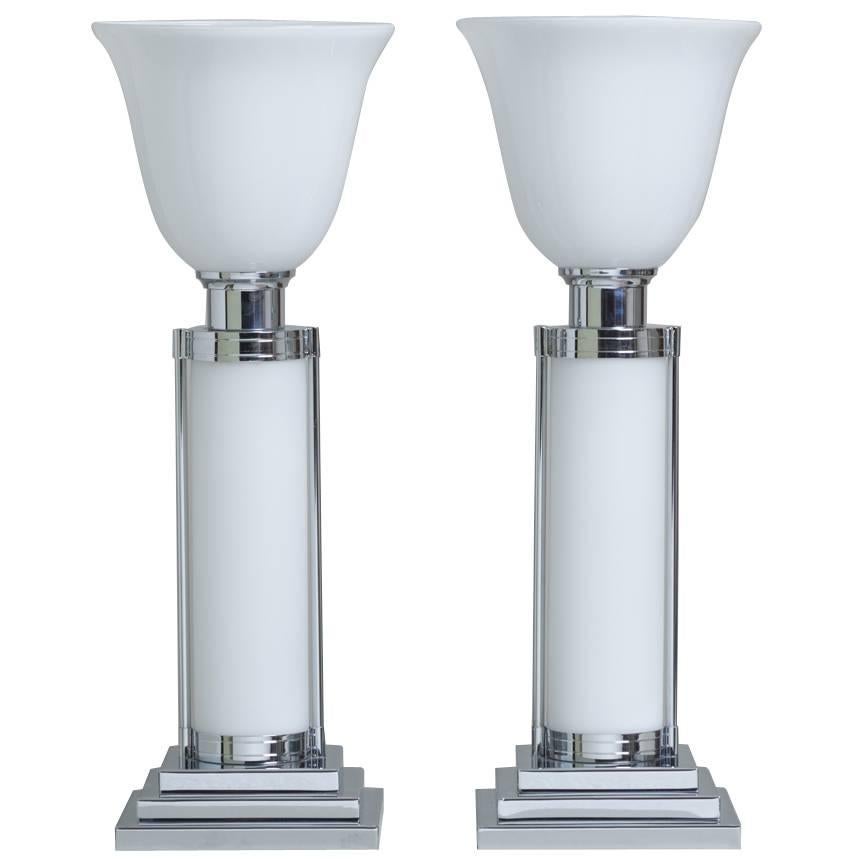 Contemporary Pair of Chrome and Glass Deco Style Uplighters For Sale at ...