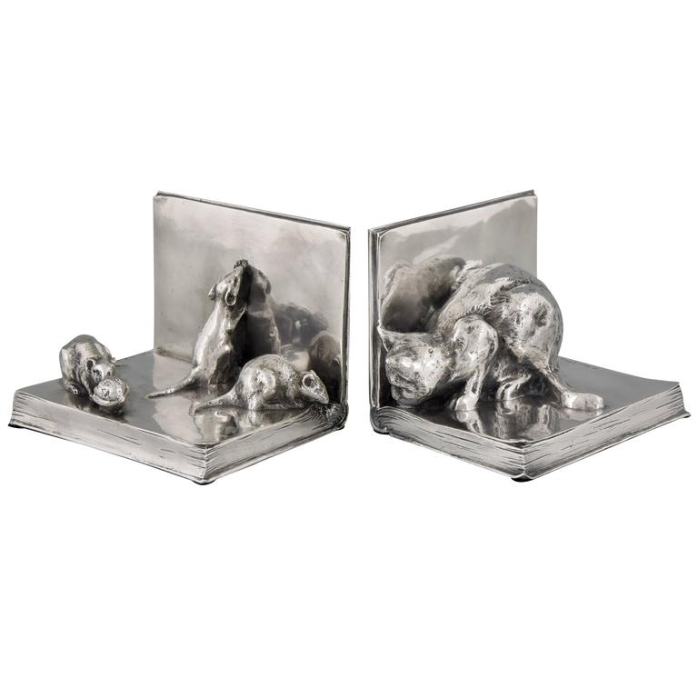 Art Deco Silvered Bronze Cat and Mouse Bookends by A. Duchene, 1920 at ...