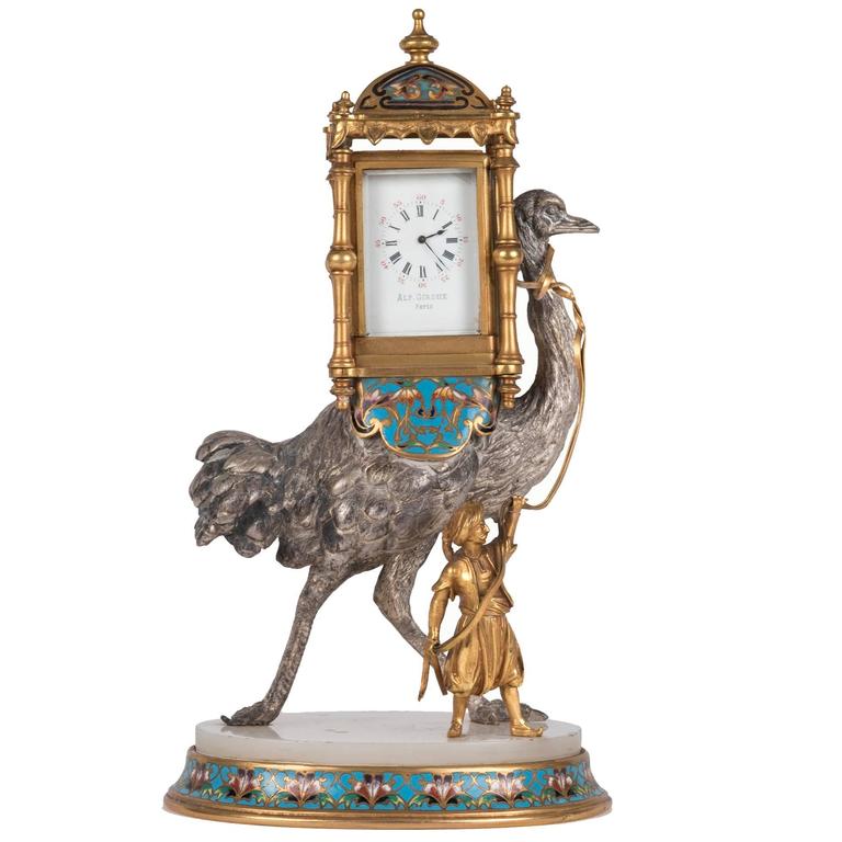 Gilt and Silvered Bronze and Cloisonné Figural Clock at 1stDibs
