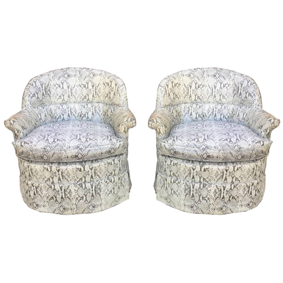 Cool Pair of Faux Snakeskin Swivel French Club Chairs at 1stDibs