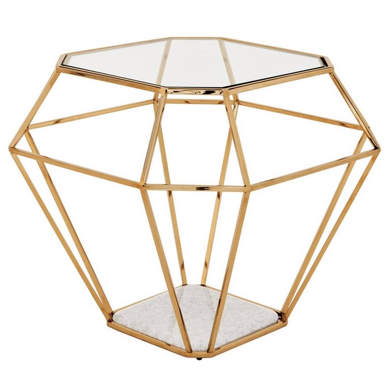 Diamond Side Table in Gold Finish with Tempered Clear Glass Top and ...