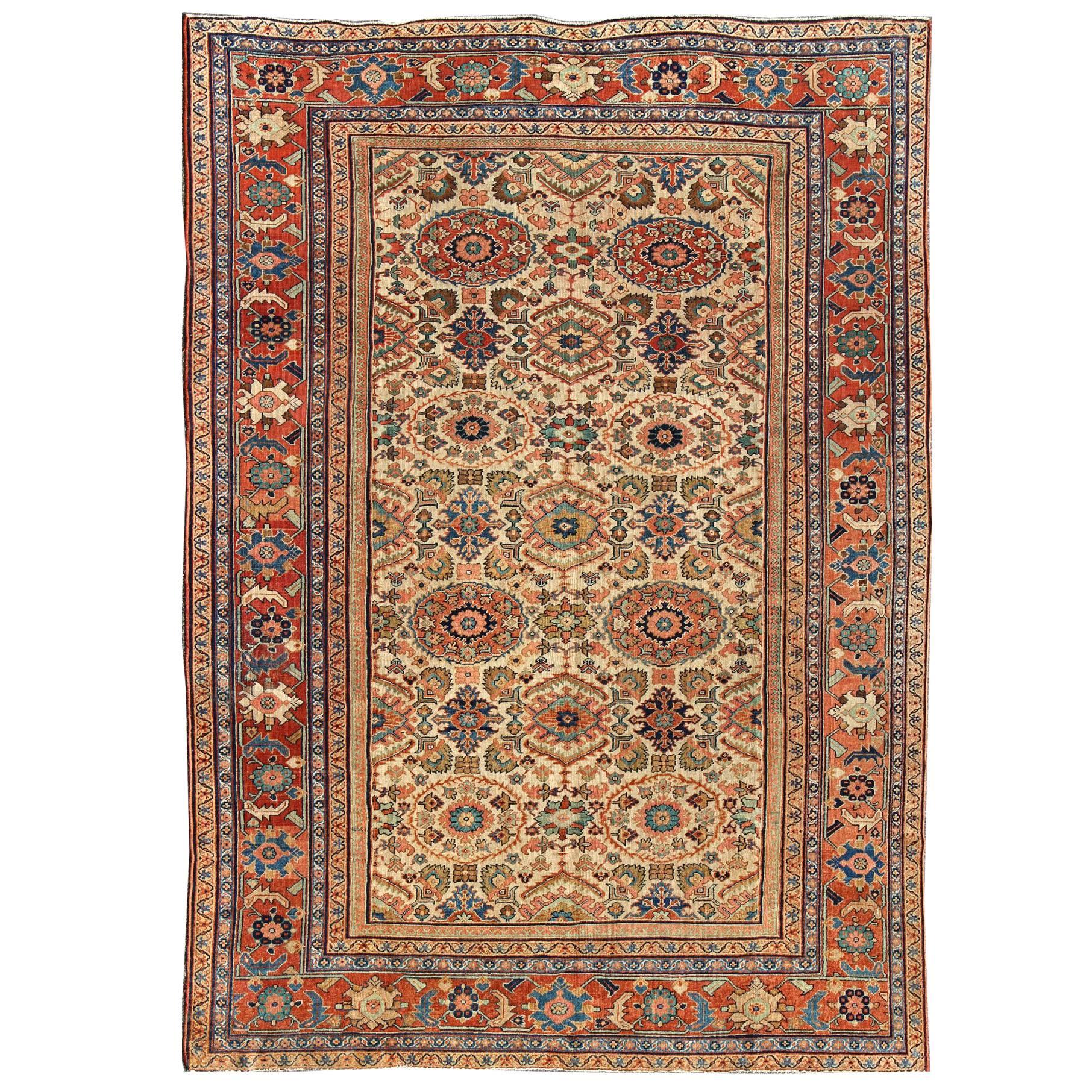 Antique Persian Heriz Serapi Rug with All Over Sub Geometric in Coral ...