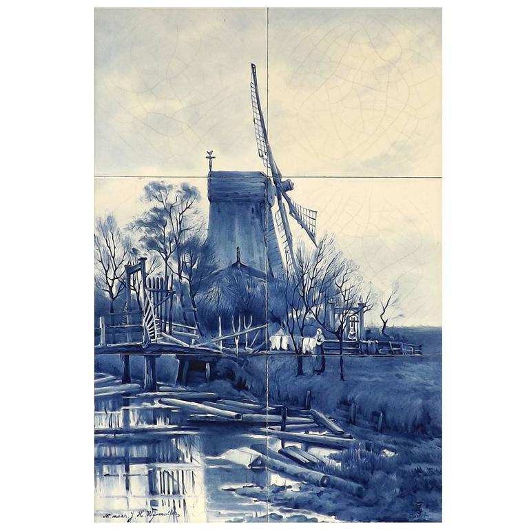 1892 Hand-Painted Framed Delft Blue Tiles at 1stDibs