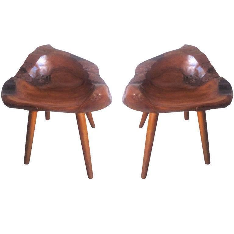 Pair of Hand-Carved Mid-Century 'Modern Craftsman' Stools / Slipper ...