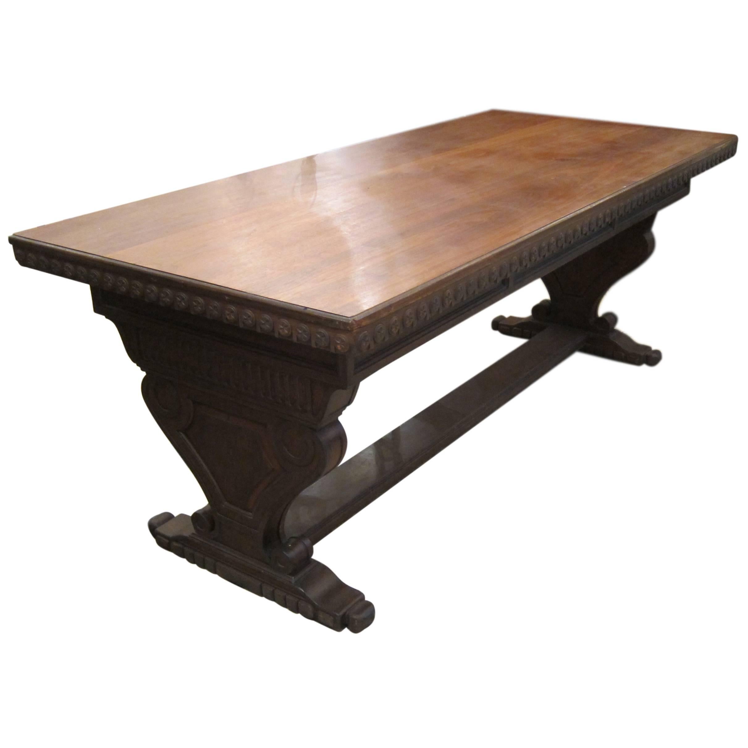 1880s Refinished English Intricately Carved Sold Oak Trestle Table For ...
