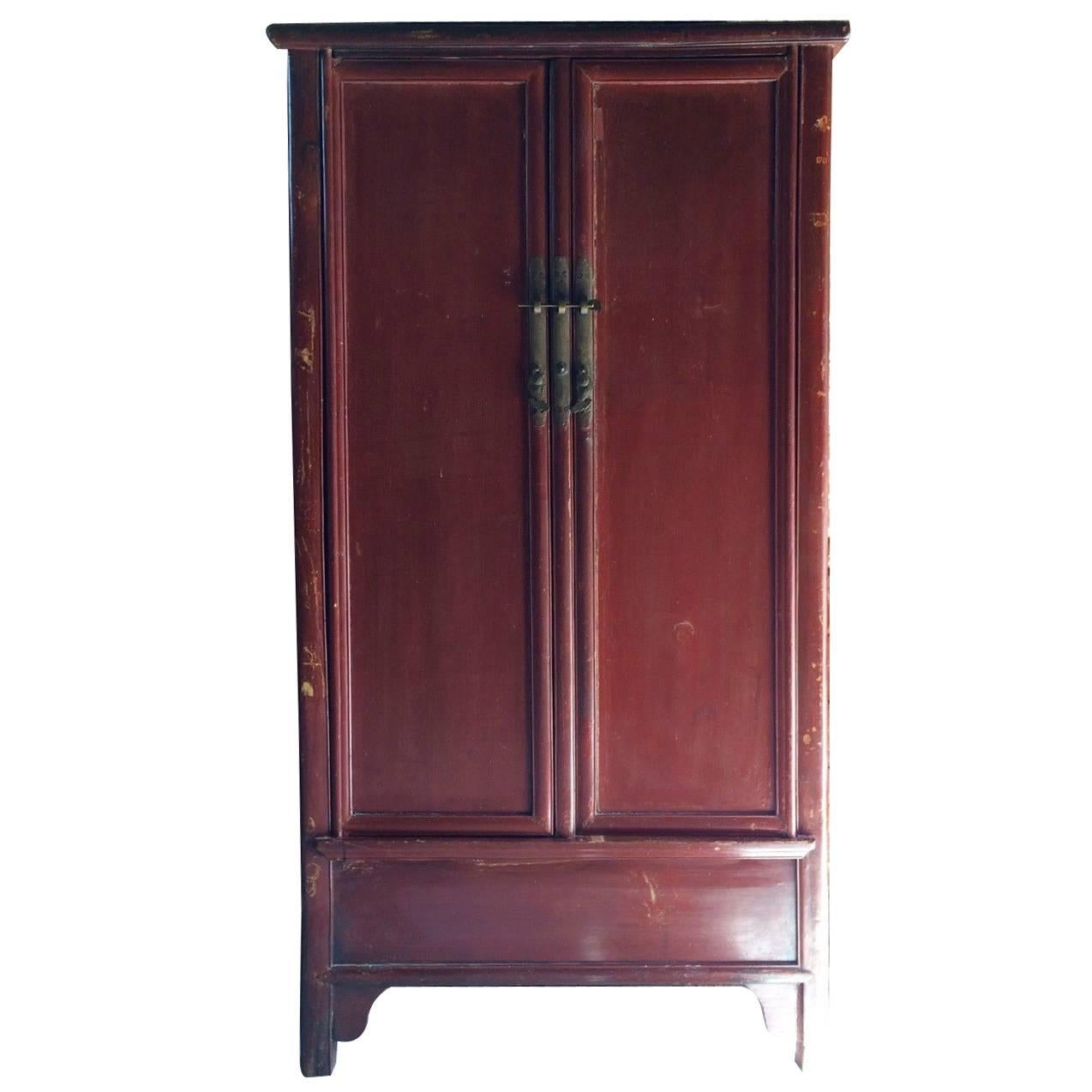 Antique Oriental Chinese Red Lacquer Hall Cabinet Cupboard at 1stDibs