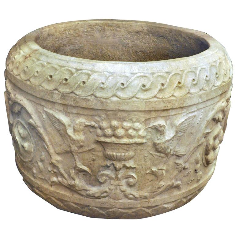 19th Century European Figural Hand-Carved Stone Planter Pot with Birds ...