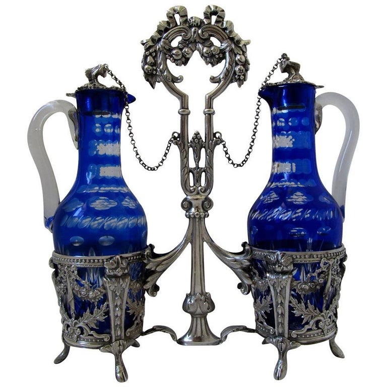 French Sterling Silver Oil, Vinegar Cruet Set Baccarat Cobalt Blue ...