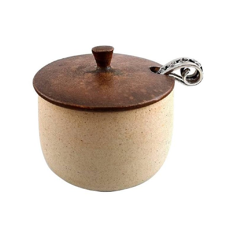 Arne Bang Pottery Jam Jar with Danish Sterling Silver Spoon, Mid-20th ...