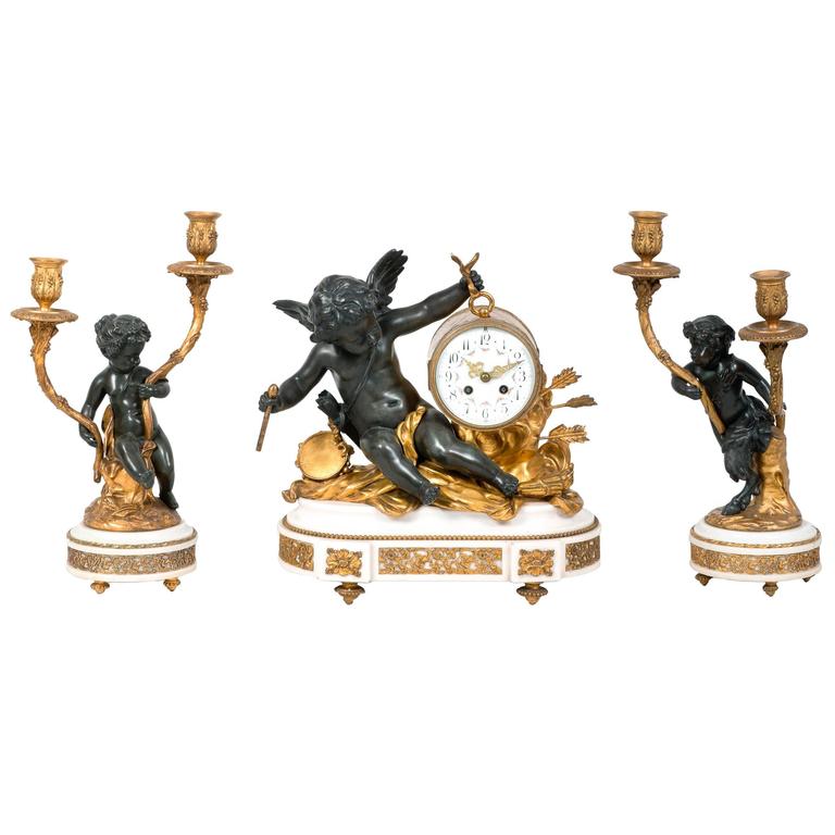 White Marble Mounted Gilt and Patinated Bronze Three-Piece Clock Set ...