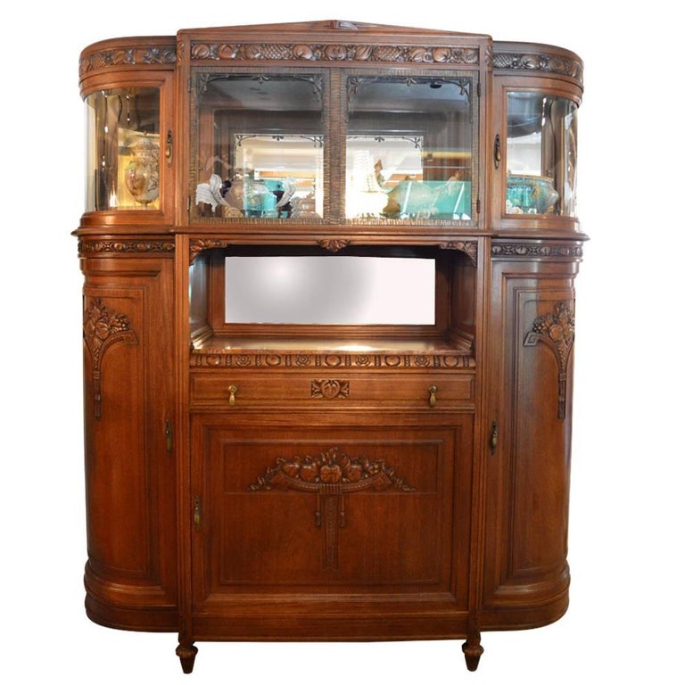 Antique French Walnut Buffet with Curved Glass For Sale at 1stDibs