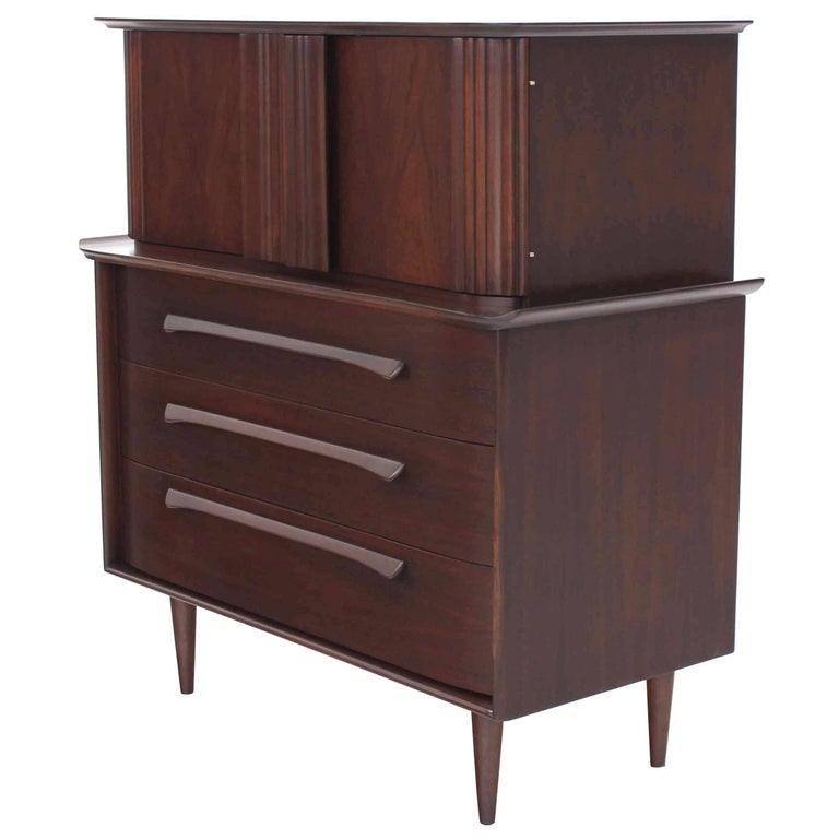 Mid Century Modern Walnut High Chest Dresser For Sale at 1stDibs