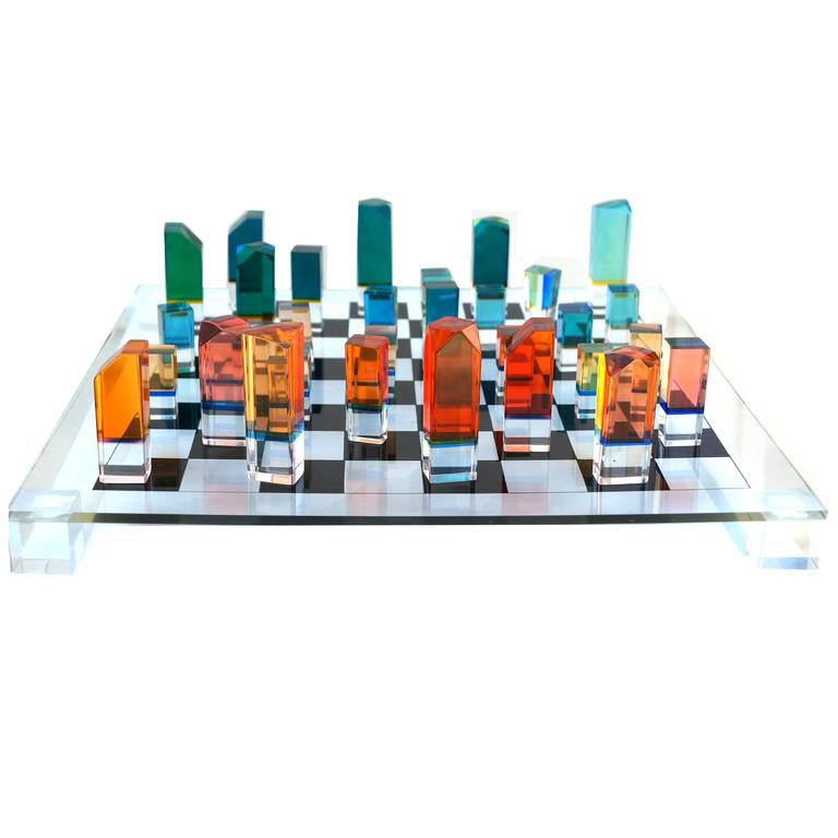 Mid-Century Modern Chess Game Board Set with Lucite Pieces Charles ...