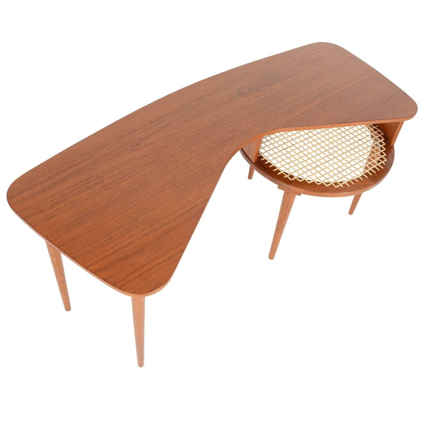 Teak Boomerang Table with Caned Rack at 1stDibs