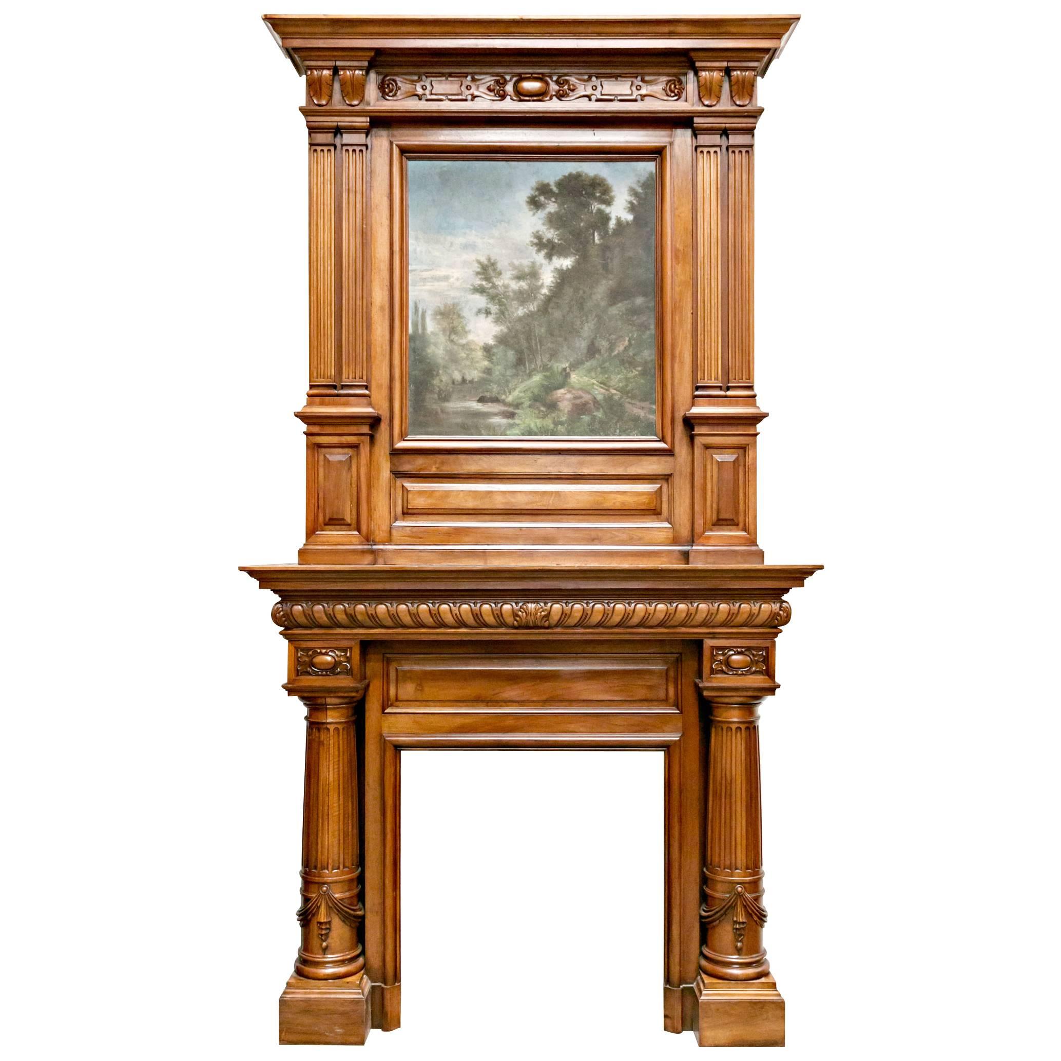 Monumental French Renaissance Revival Walnut Fireplace with Trumeau ...