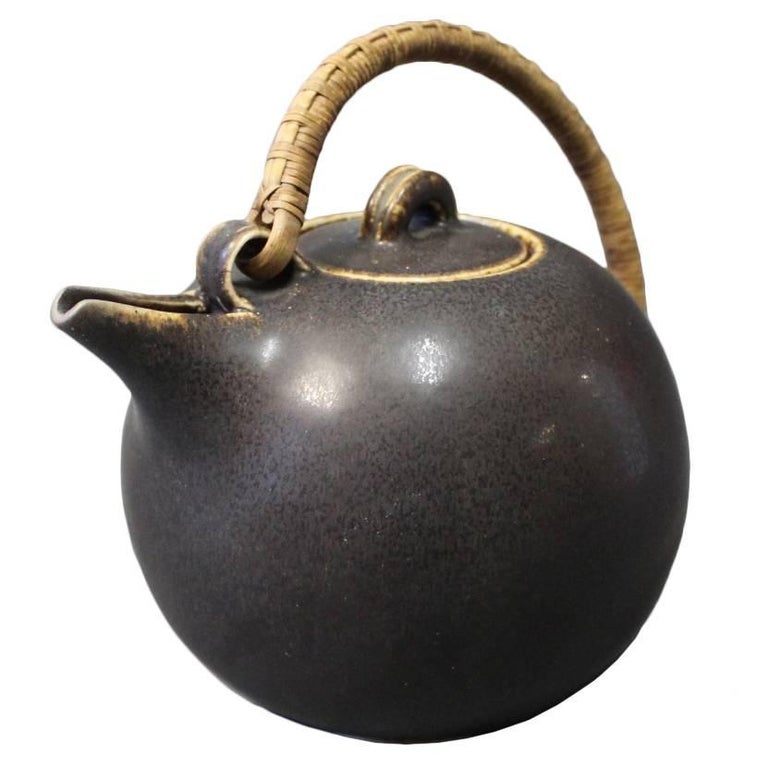 Saxbo Dark Brown Glazed Stoneware Teapot with Bast Handle No. 64, 1940s ...