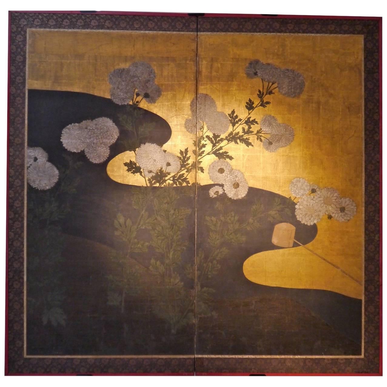 Edo Period Japanese Two-Fold Screen For Sale at 1stDibs